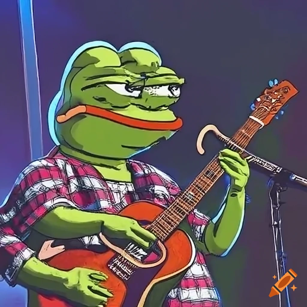 Pepe the frog playing guitar at a music festival on Craiyon