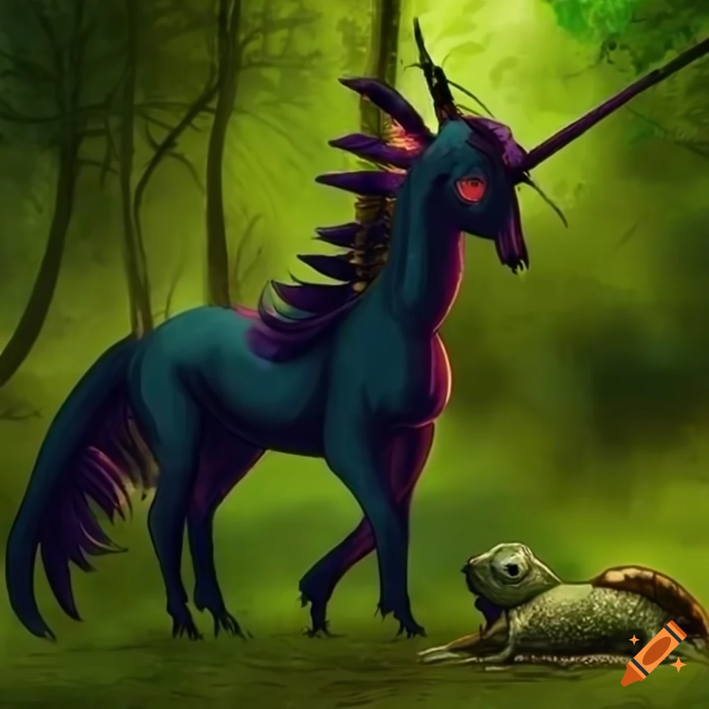 Black winged unicorn in a green forest with a turtle companion on Craiyon