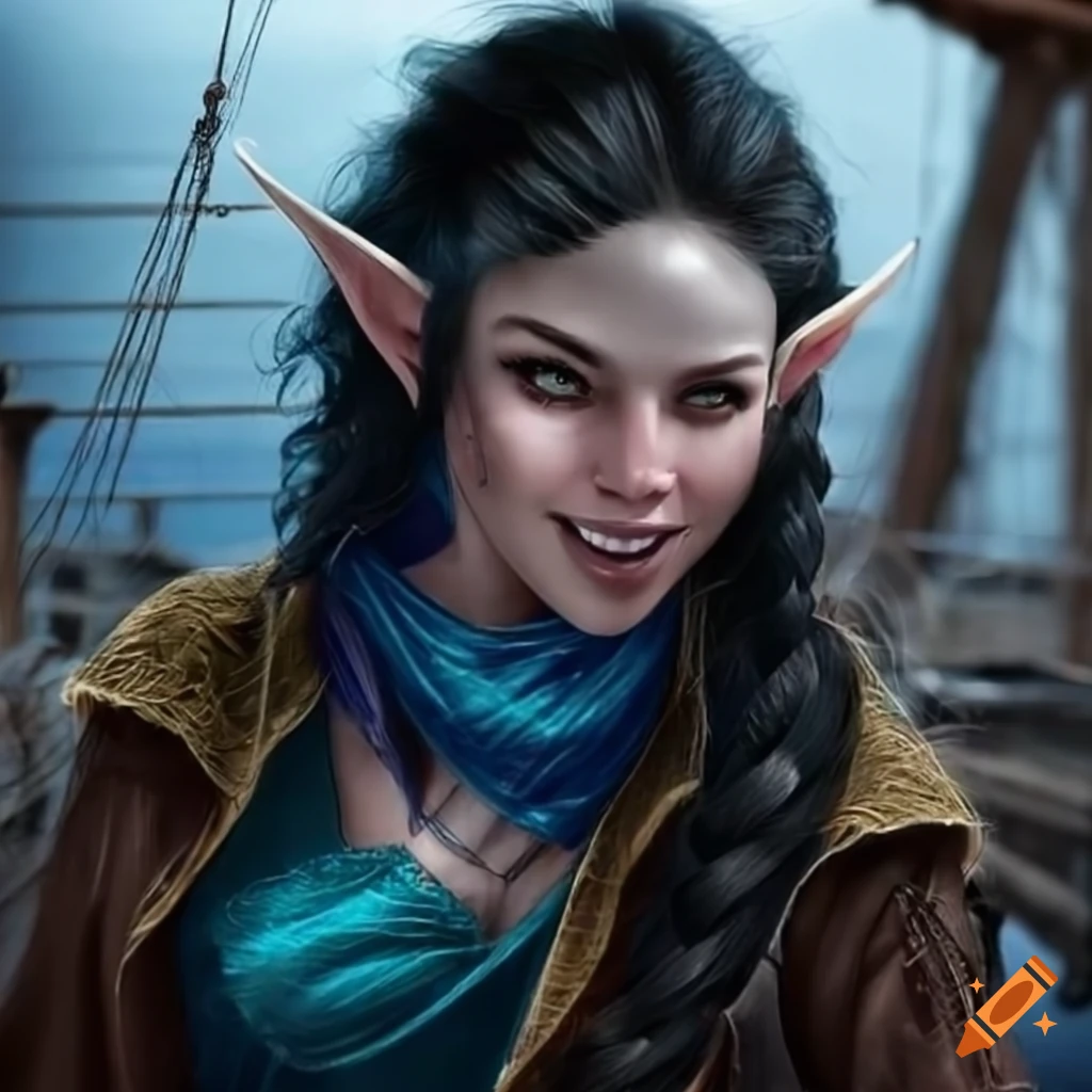 Elven pirate on ship deck with blue bandana and leather vest on Craiyon