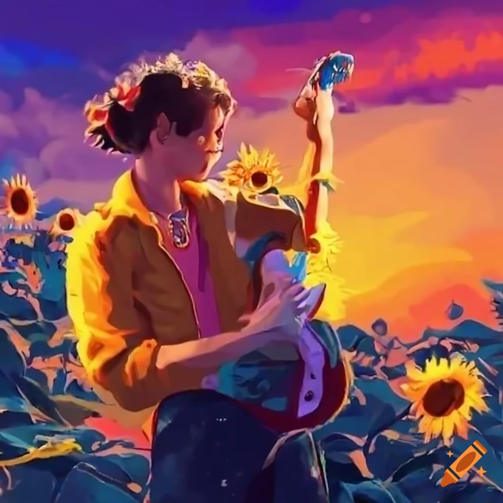 Vibrant 80's animation of young harry styles in a sunflower field on ...
