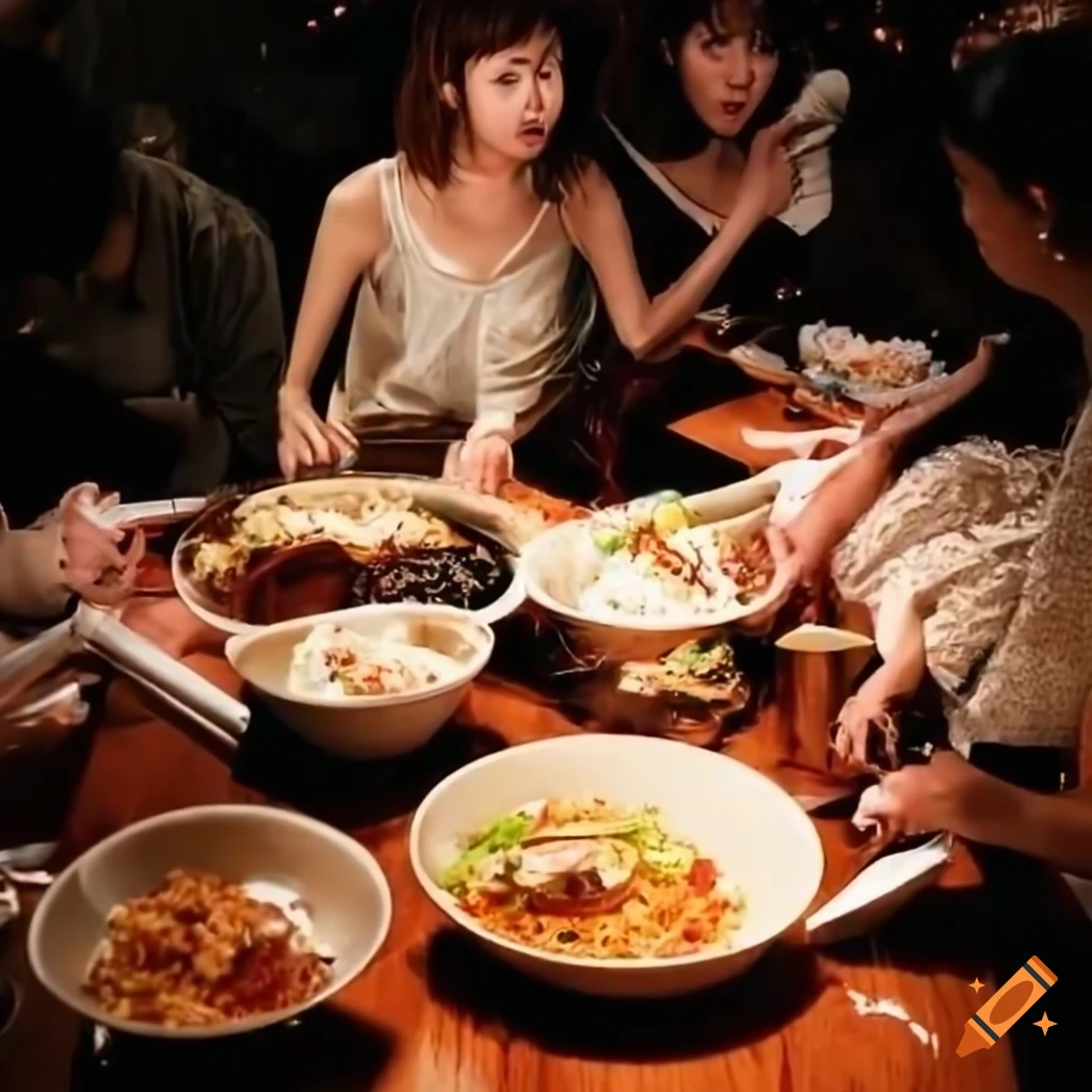 Dining scene in a crowded bright Asian restaurant with people eating ...