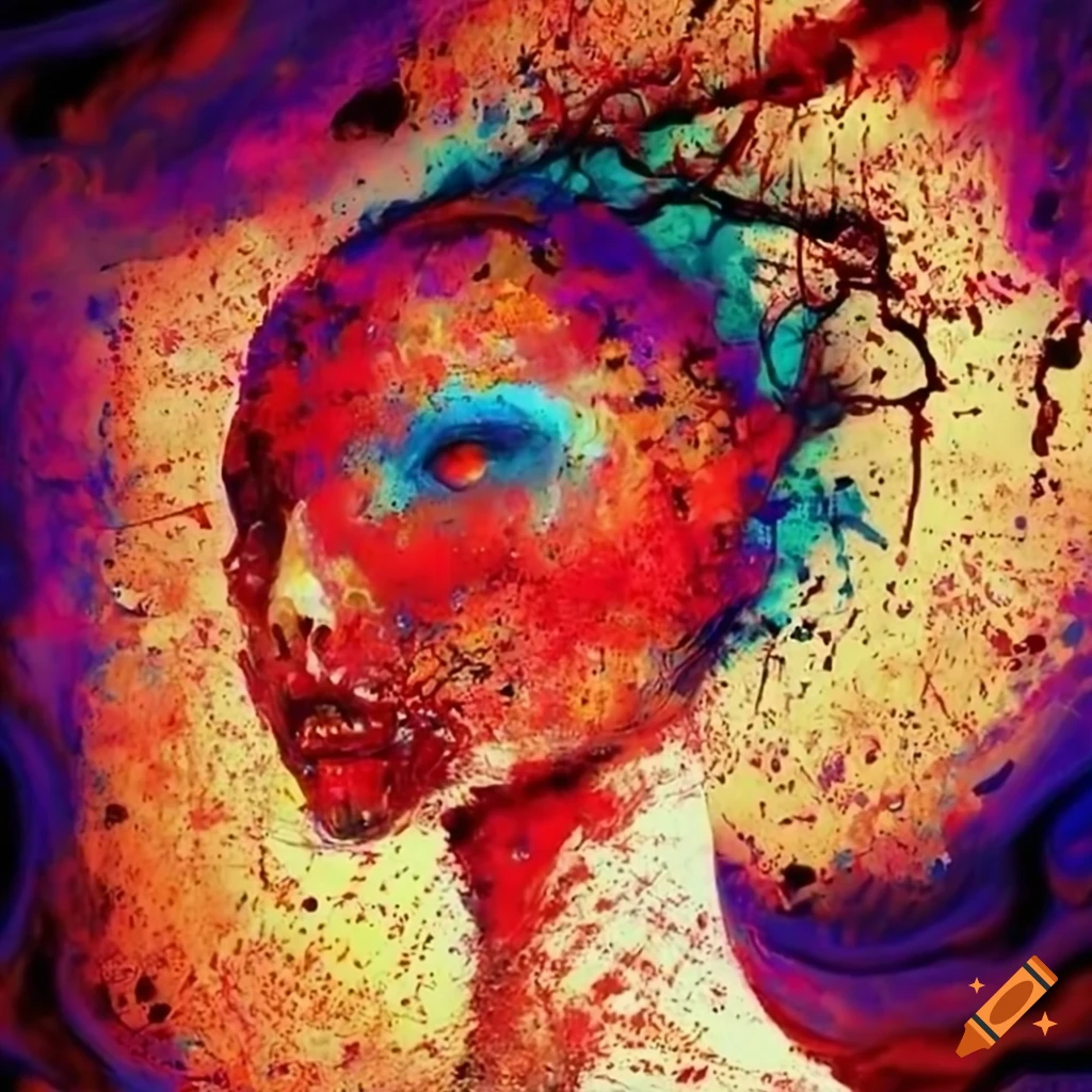 Surreal abstract painting with blood splatter and mythical creatures on ...