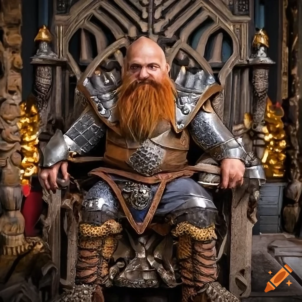 Dwarven warrior in knight armor seated on a throne on Craiyon