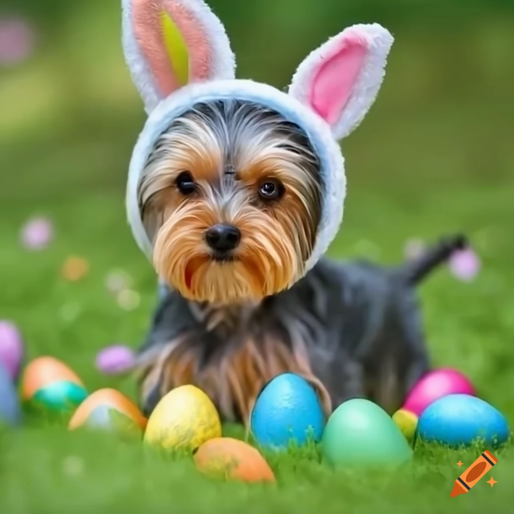 Yorkie wearing bunny ears surrounded by colored easter eggs on a green ...