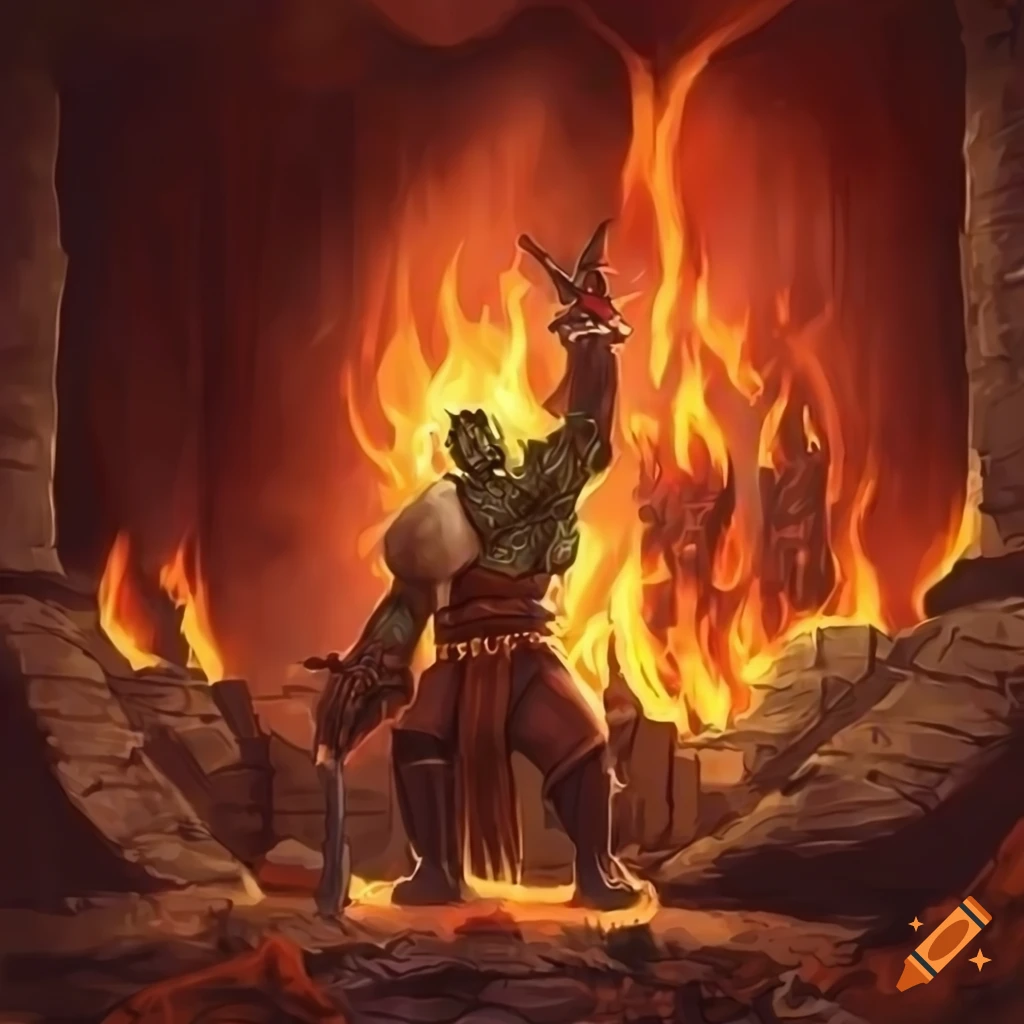 Orc at the altar of fire in a fantasy art style on Craiyon