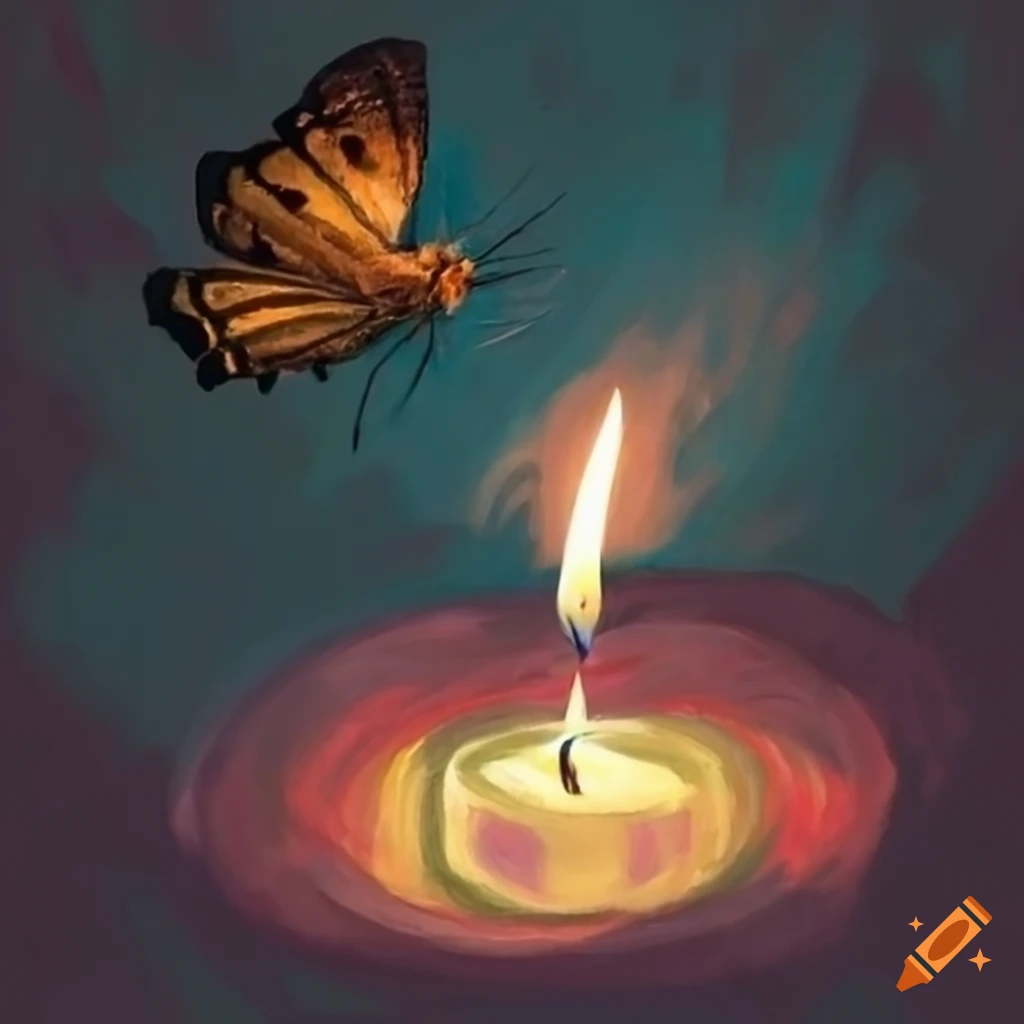 Moth flying around a candle in a painting on Craiyon