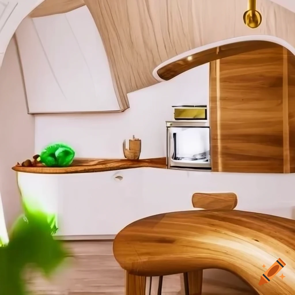 Asymmetric white kitchen with organic curves, brass accents, and lush ...