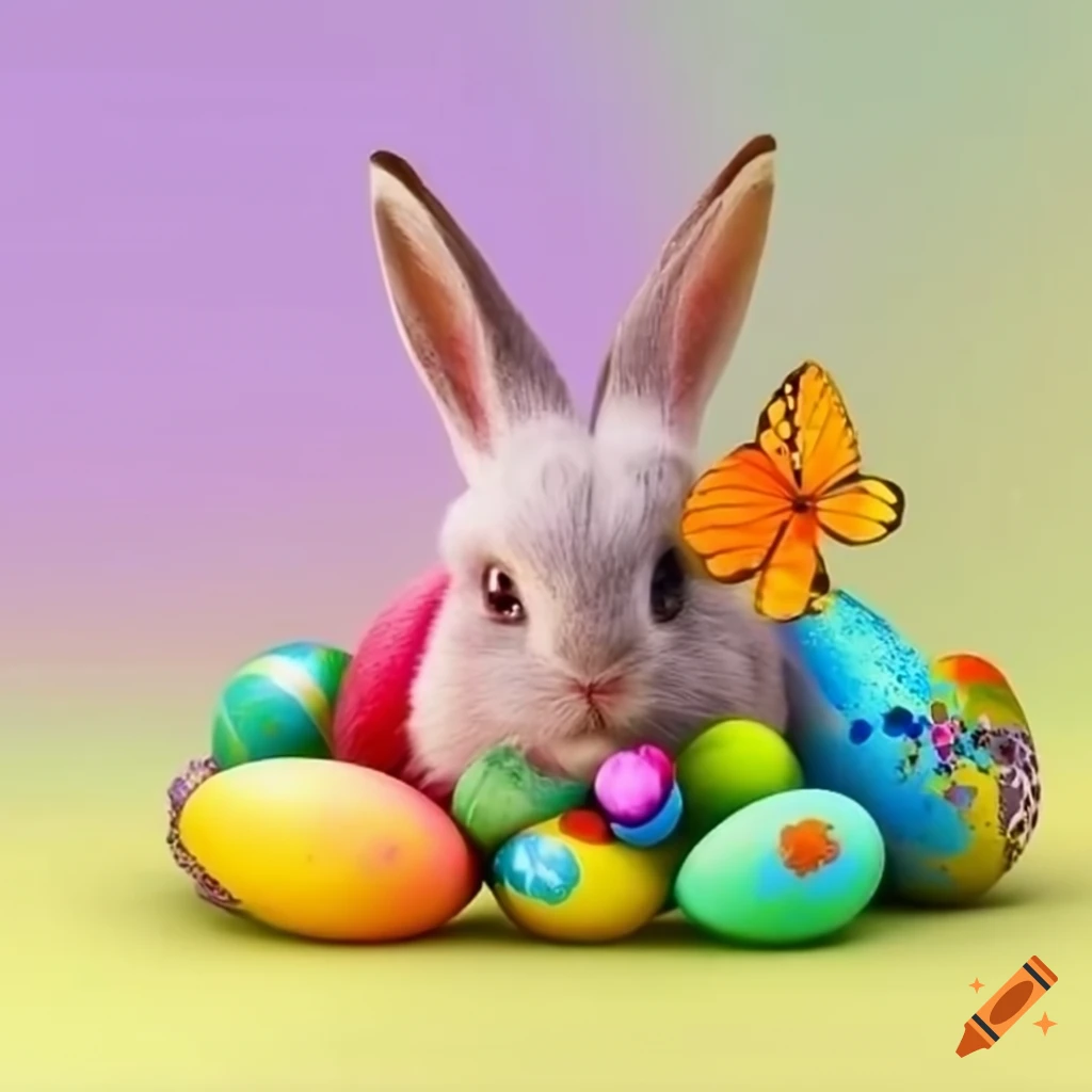 Colorful easter eggs with a butterfly and a rabbit on Craiyon