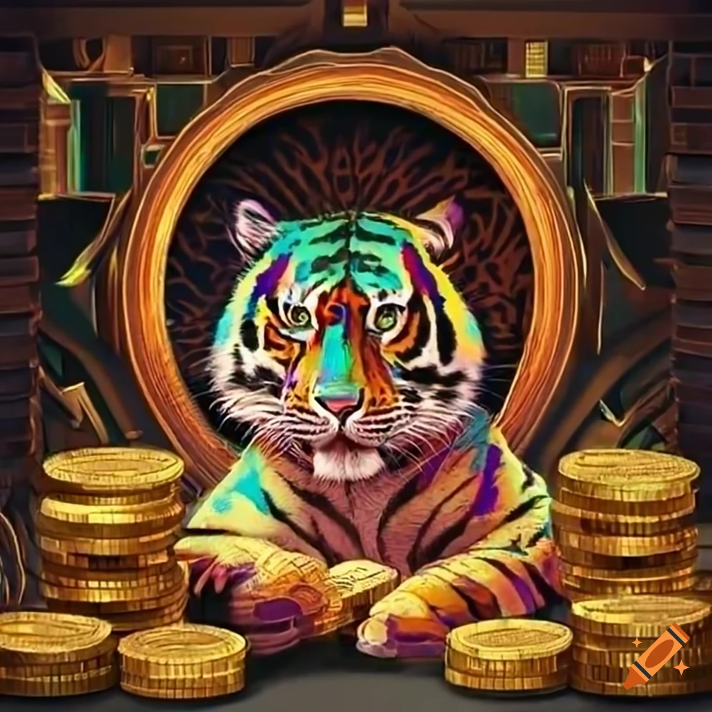 Tiger in a den surrounded by golden coins on Craiyon