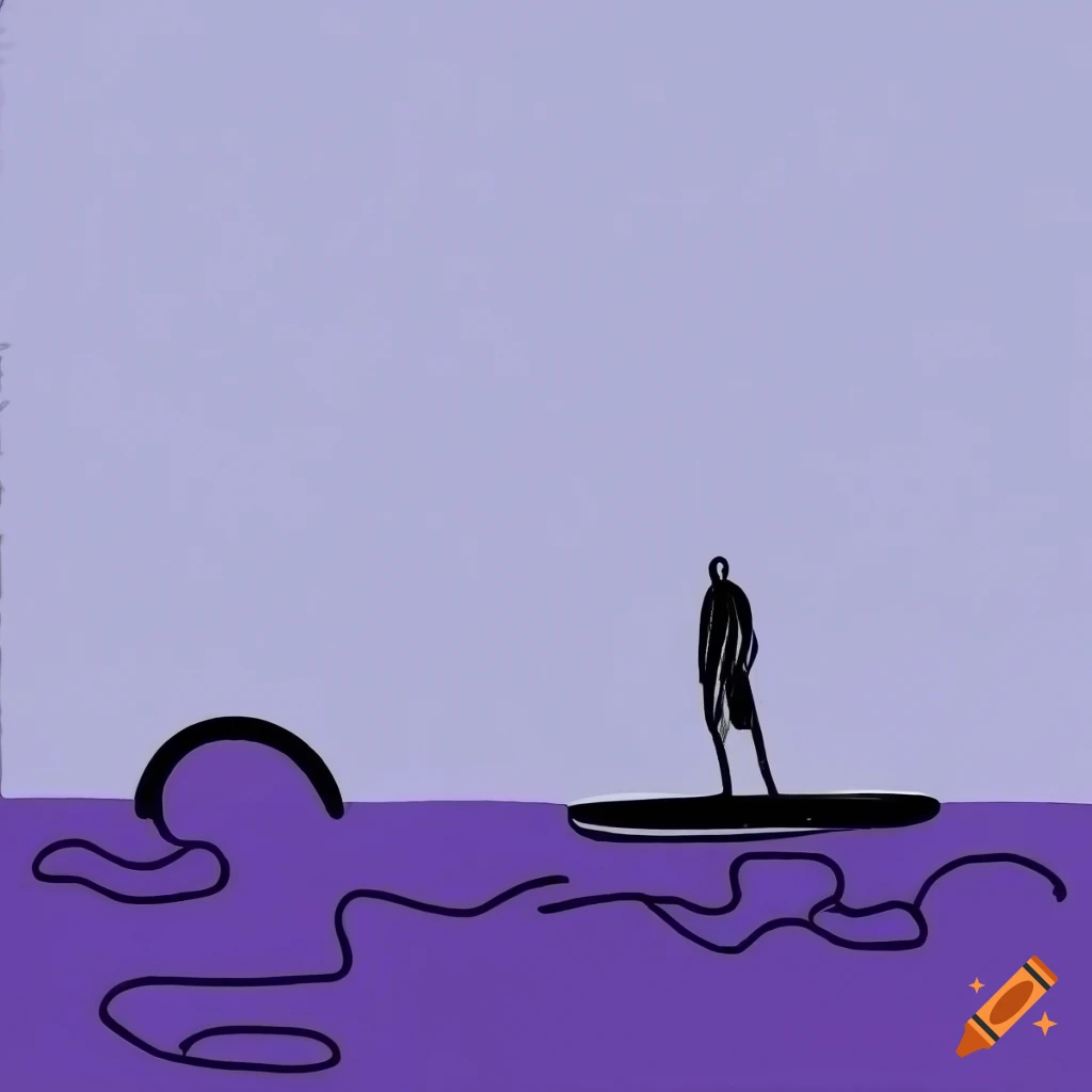 Minimalist line drawing of a man on a raft at sea in purple, black, and ...