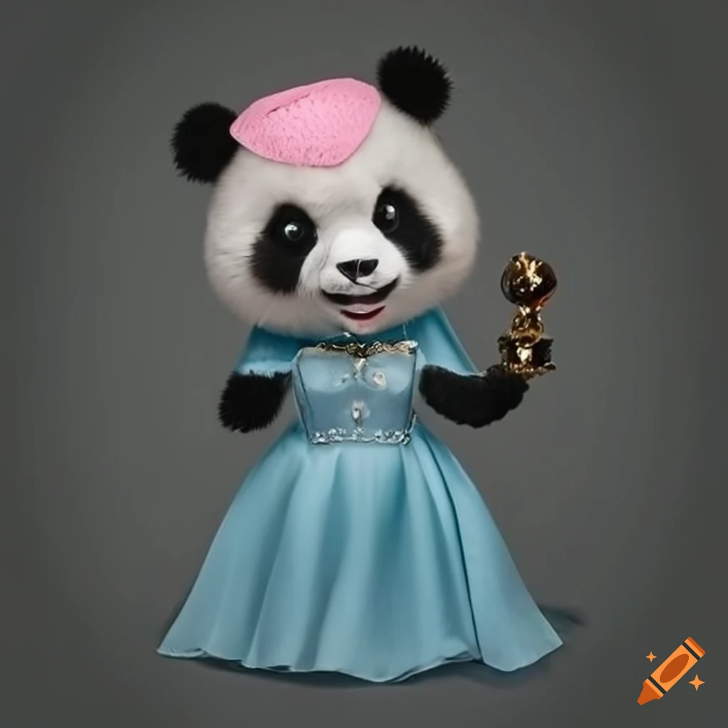 Panda bear in pink dress and queen's crown holding a golden globe award on Craiyon