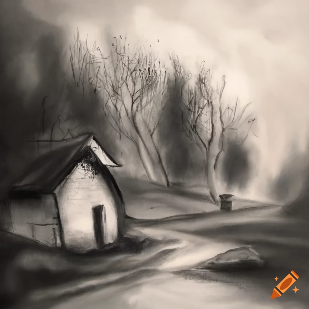 Small village in the distance in a charcoal drawing on Craiyon