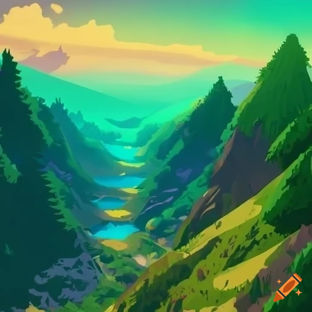 Scenic yellow path among green trees and colorful flowers near a shiny ...