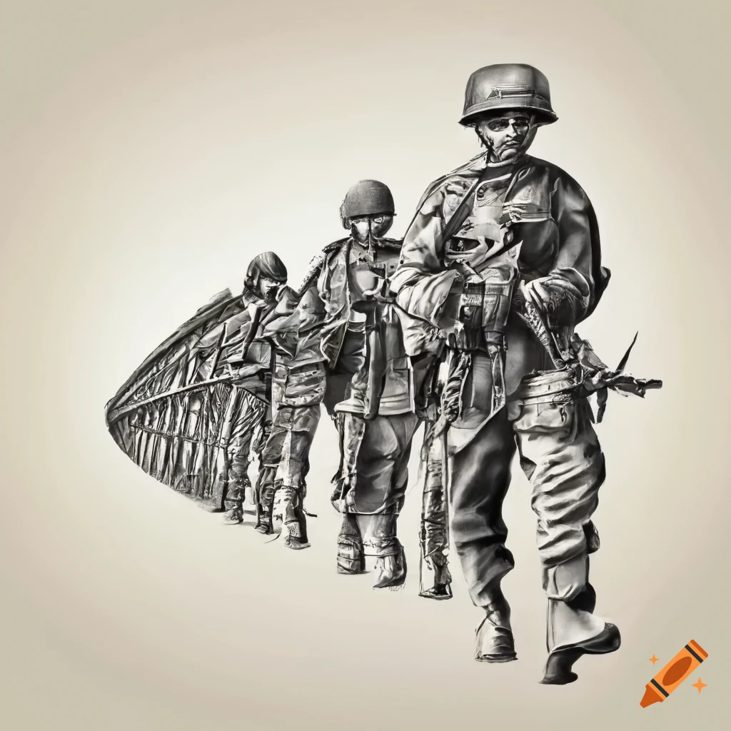 Soldiers marching on a bridge on Craiyon