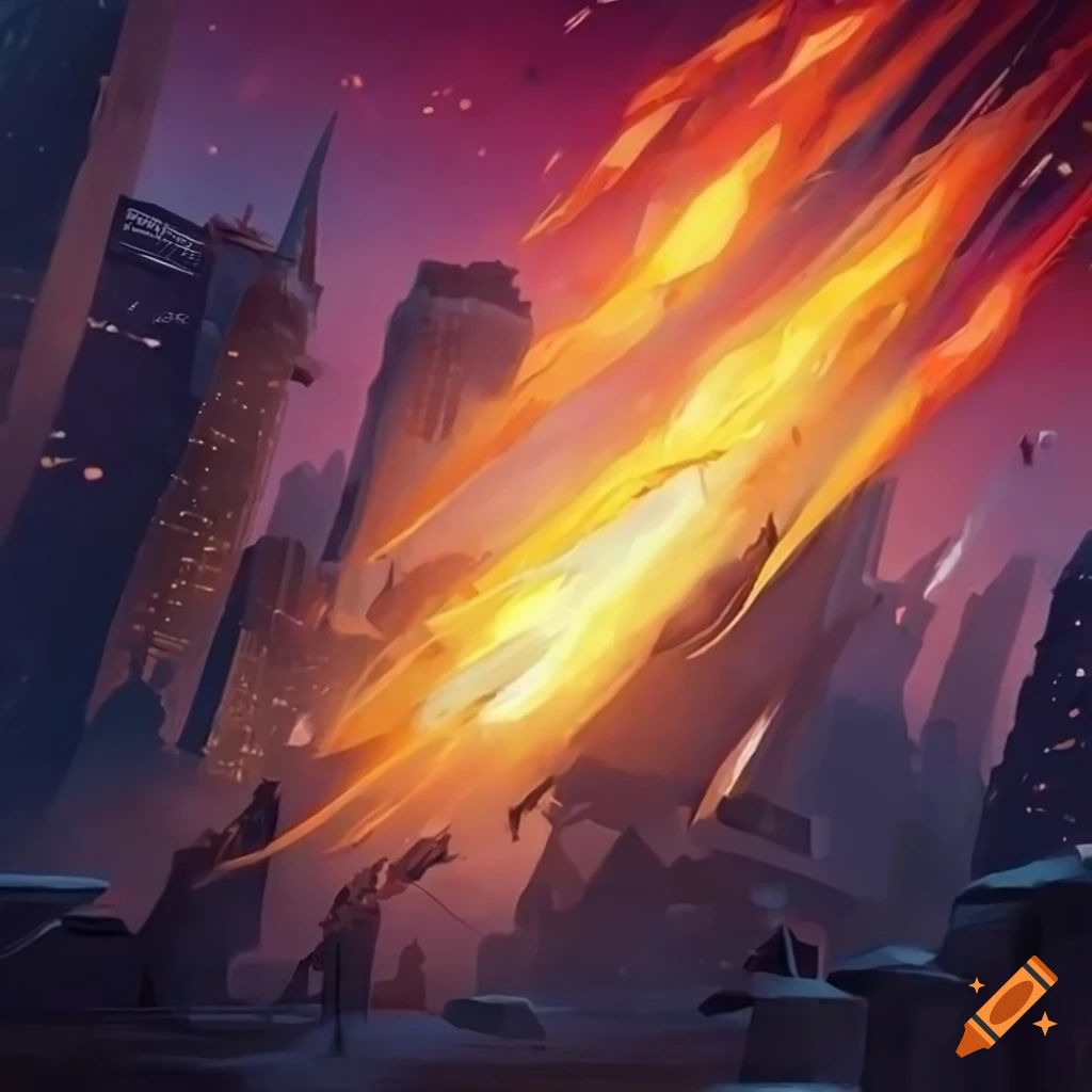 Meteor impact on a city in detailed digital art on Craiyon