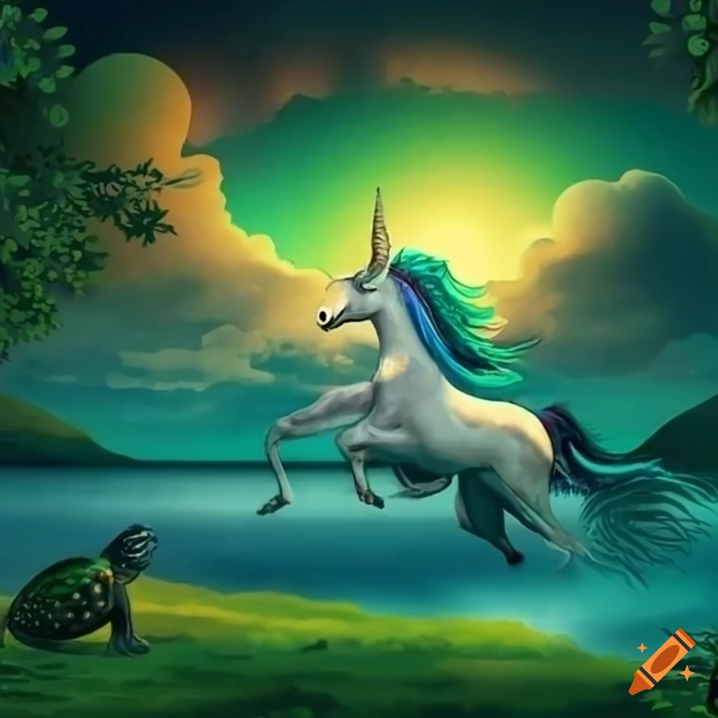 Mythical unicorn and turtle flying over lush landscapes on Craiyon