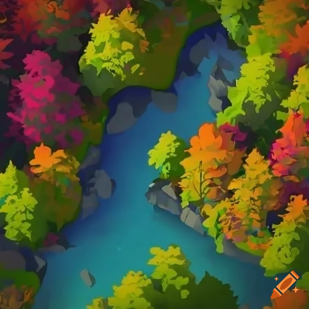 Scenic yellow path among green trees and colorful flowers near a shiny ...