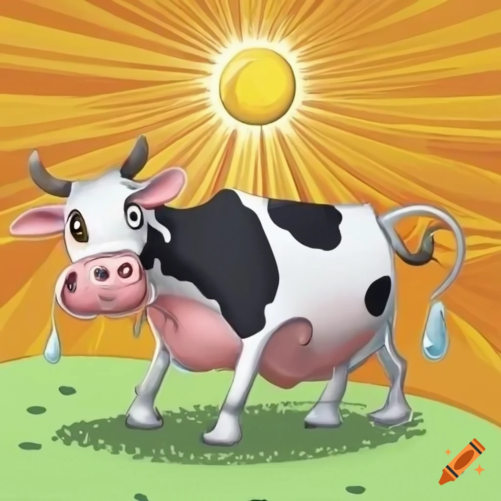 Cartoon dairy cow under the sun with sweat drops on Craiyon