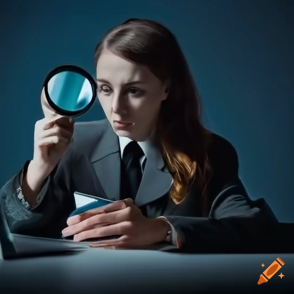 Female detective examining a crime scene with a magnifying glass and ...