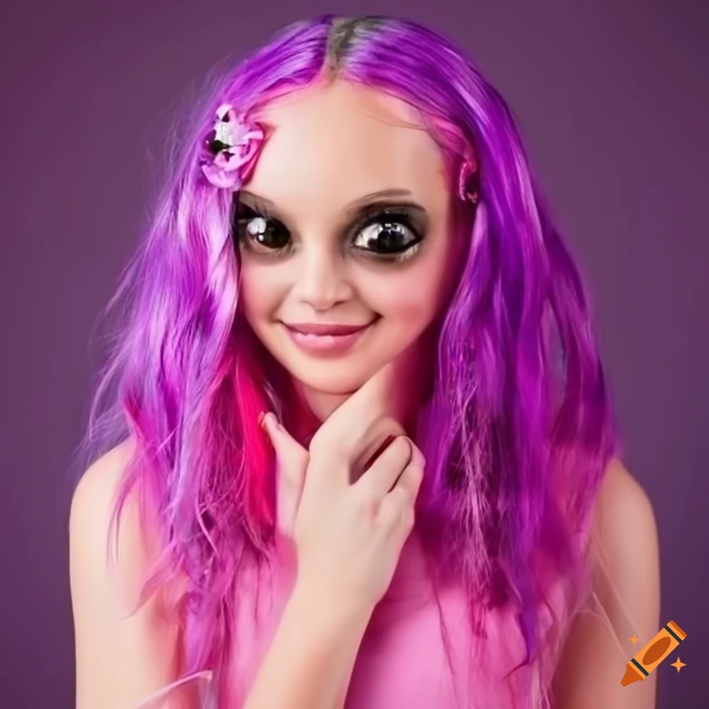 Smiling purple-haired pink-skinned alien girls in colorful attire with unique embellishments on ...