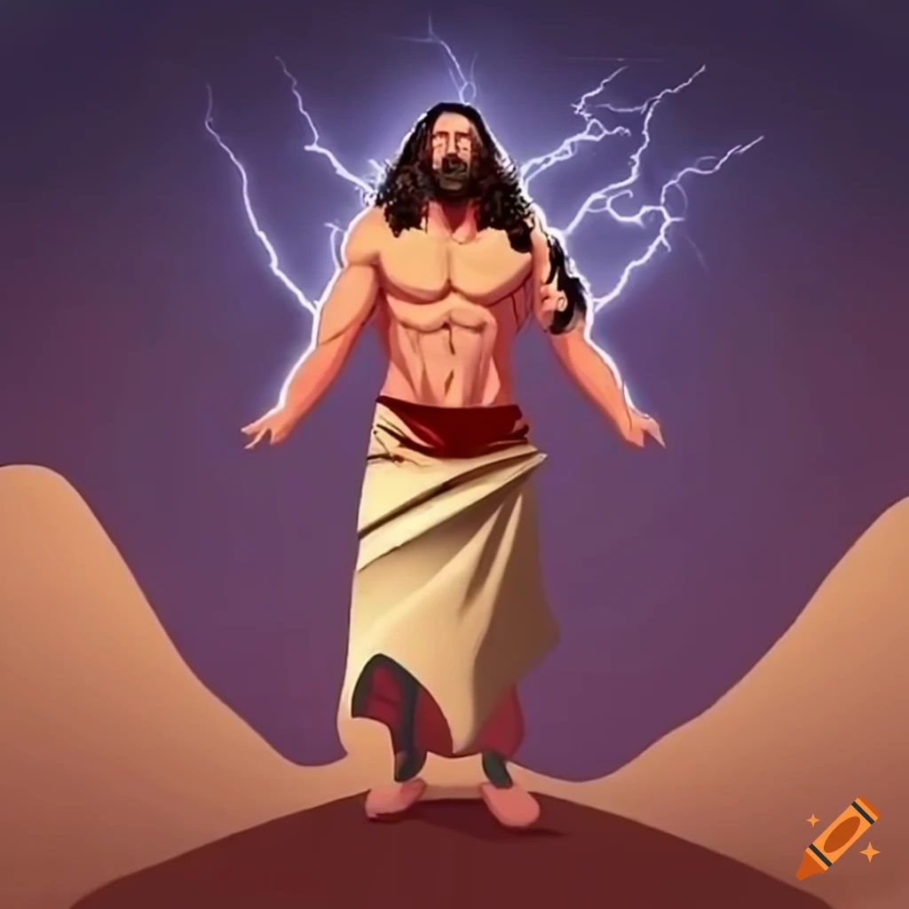 Muscular jesus playing electric guitar in a desert lightning storm with ...