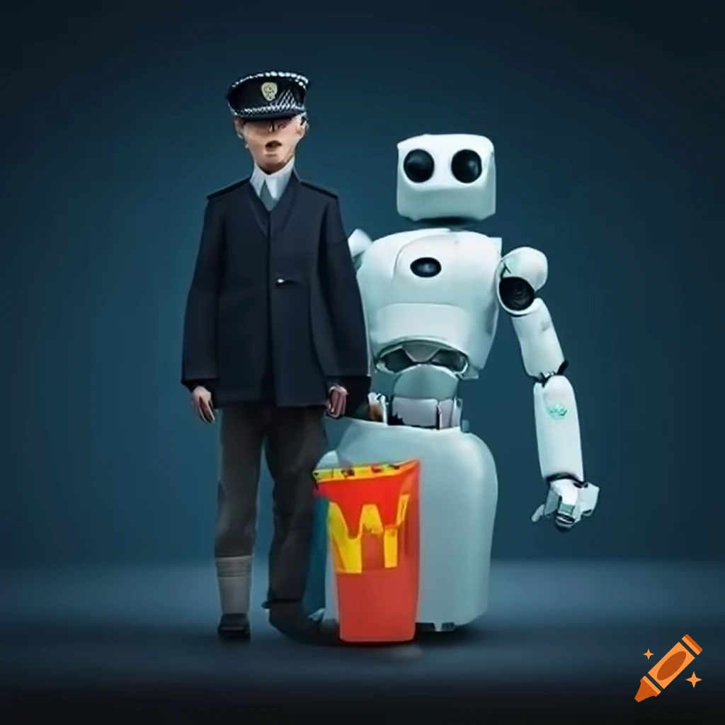 Robot interrogation scene with police and McDonald's food bag on Craiyon