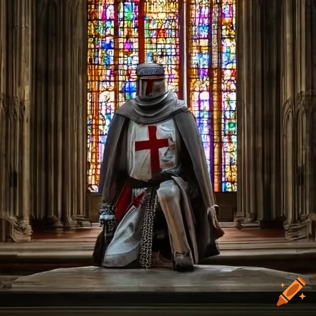 Templar knight at the holy grail inside a cathedral with stained glass ...