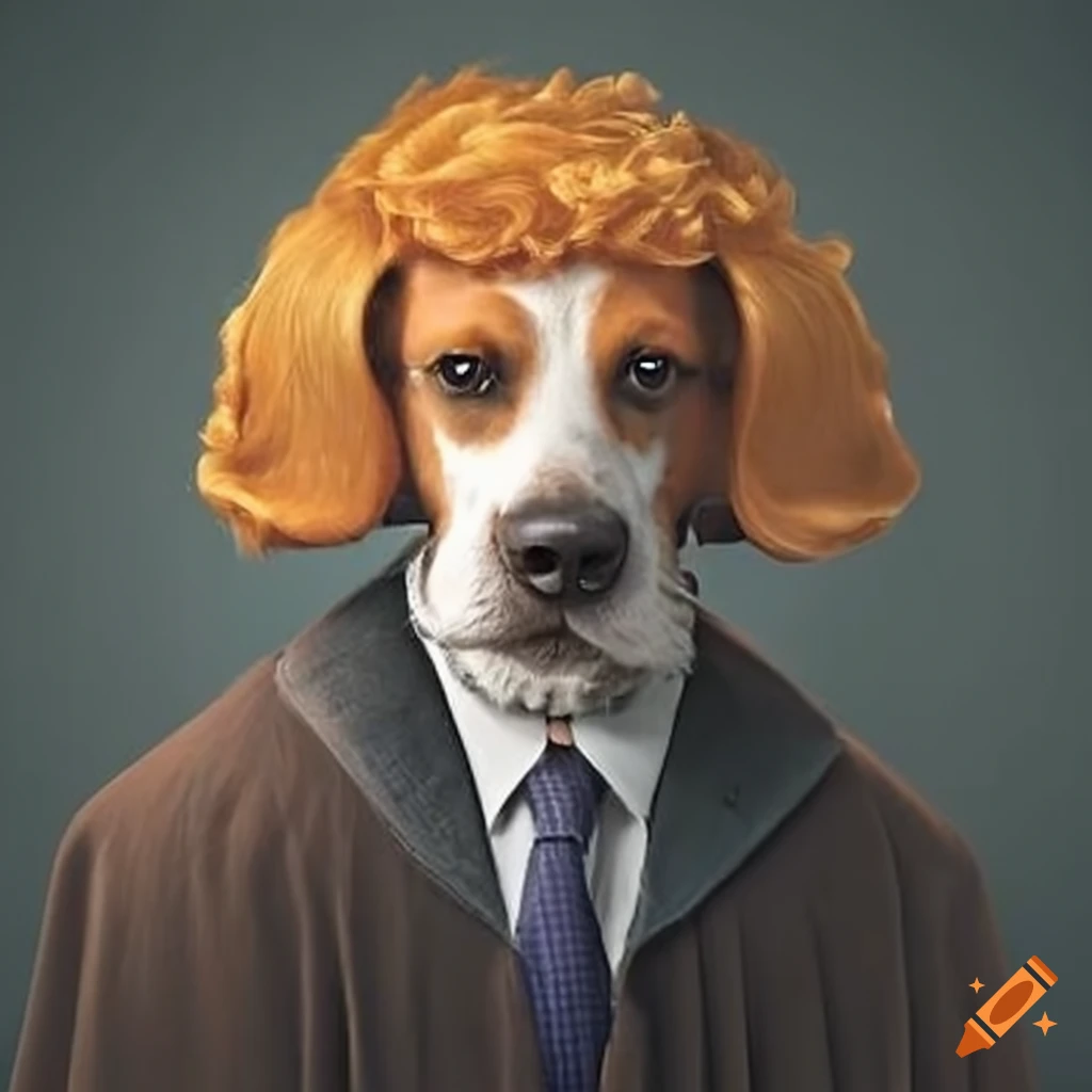 Judges and lawyers wearing beagle wigs in a humorous scene on Craiyon