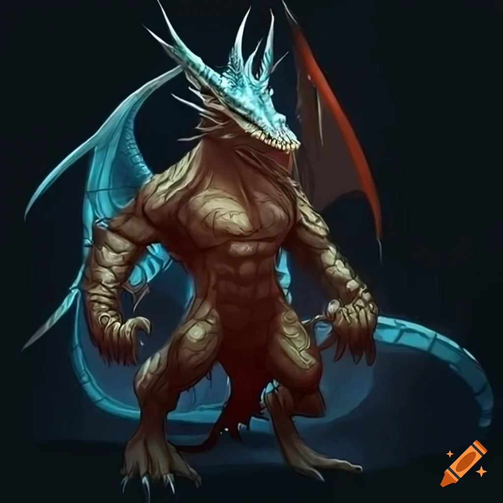 Mythical humanoid dragon-shark hybrid with aquatic and fiery features ...