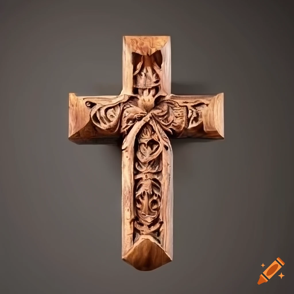 Intricately carved wooden cross on Craiyon