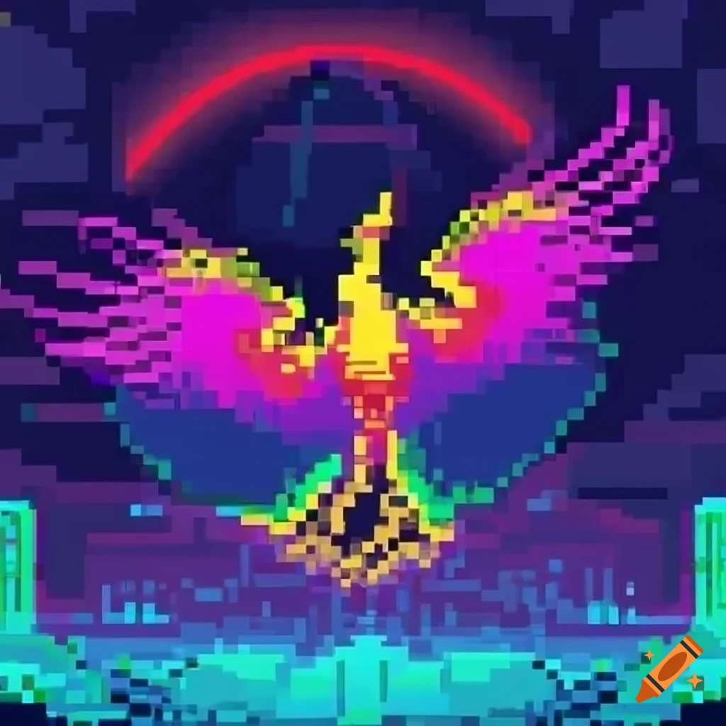 Pixel art synthwave phoenix rising on Craiyon