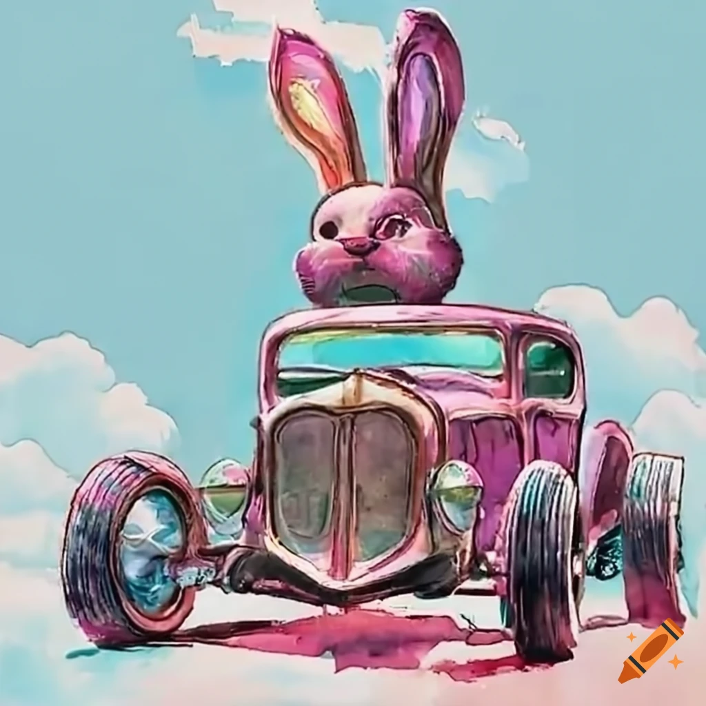 Easter bunny in a 32 ford hotrod with cotton candy clouds on Craiyon