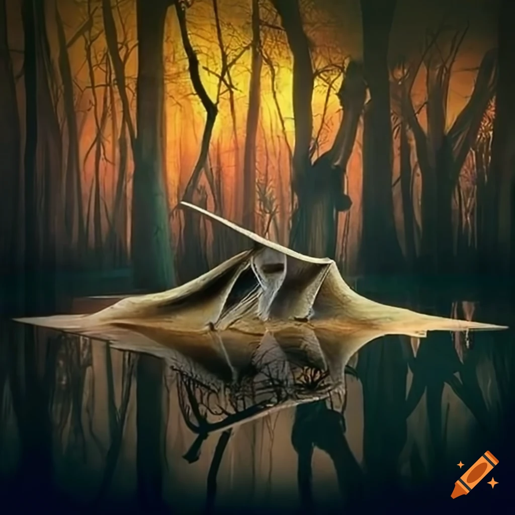 Surreal dump site with strange totems near a surreal forest and swamp ...