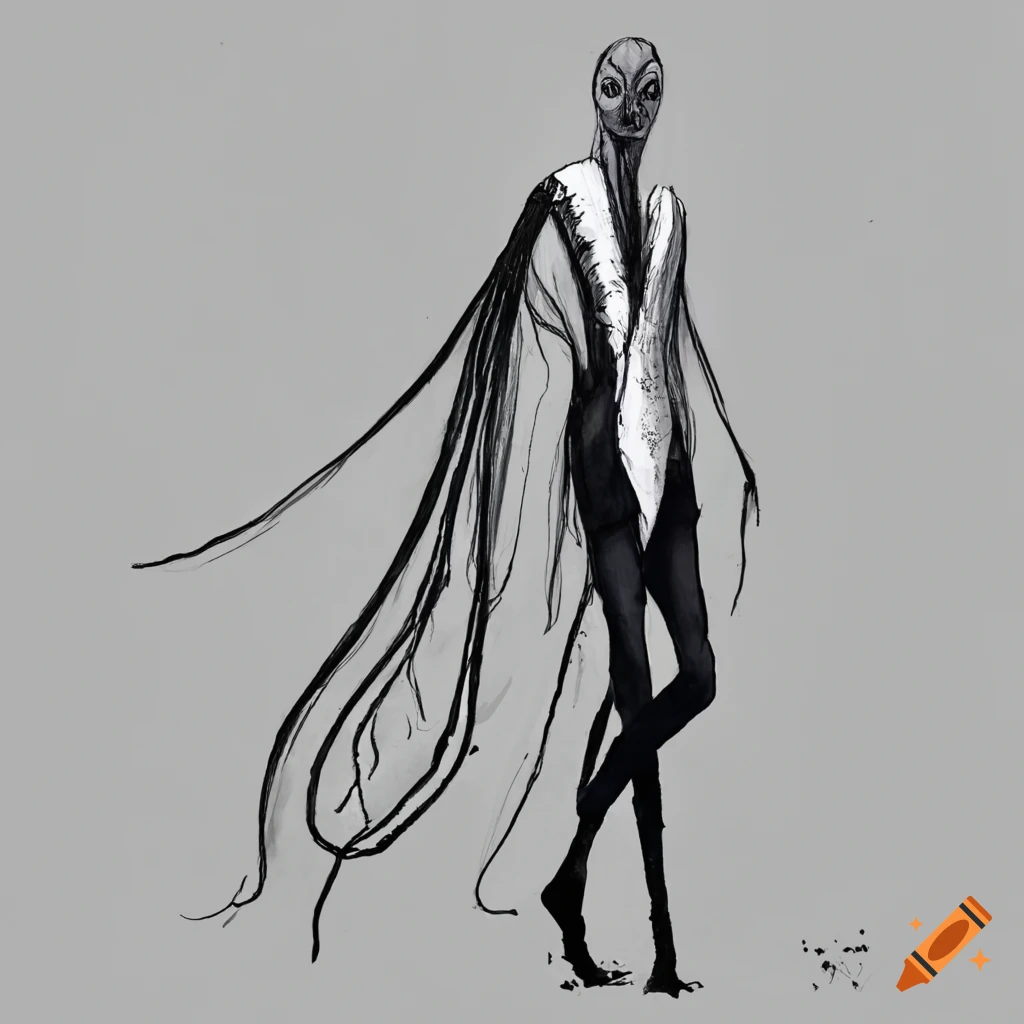 Watercolor full body depiction of a tall slender adult humanoid with ...