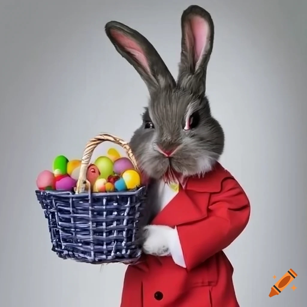 Classic Easter Bunny in red and navy blue suit holding a basket on Craiyon