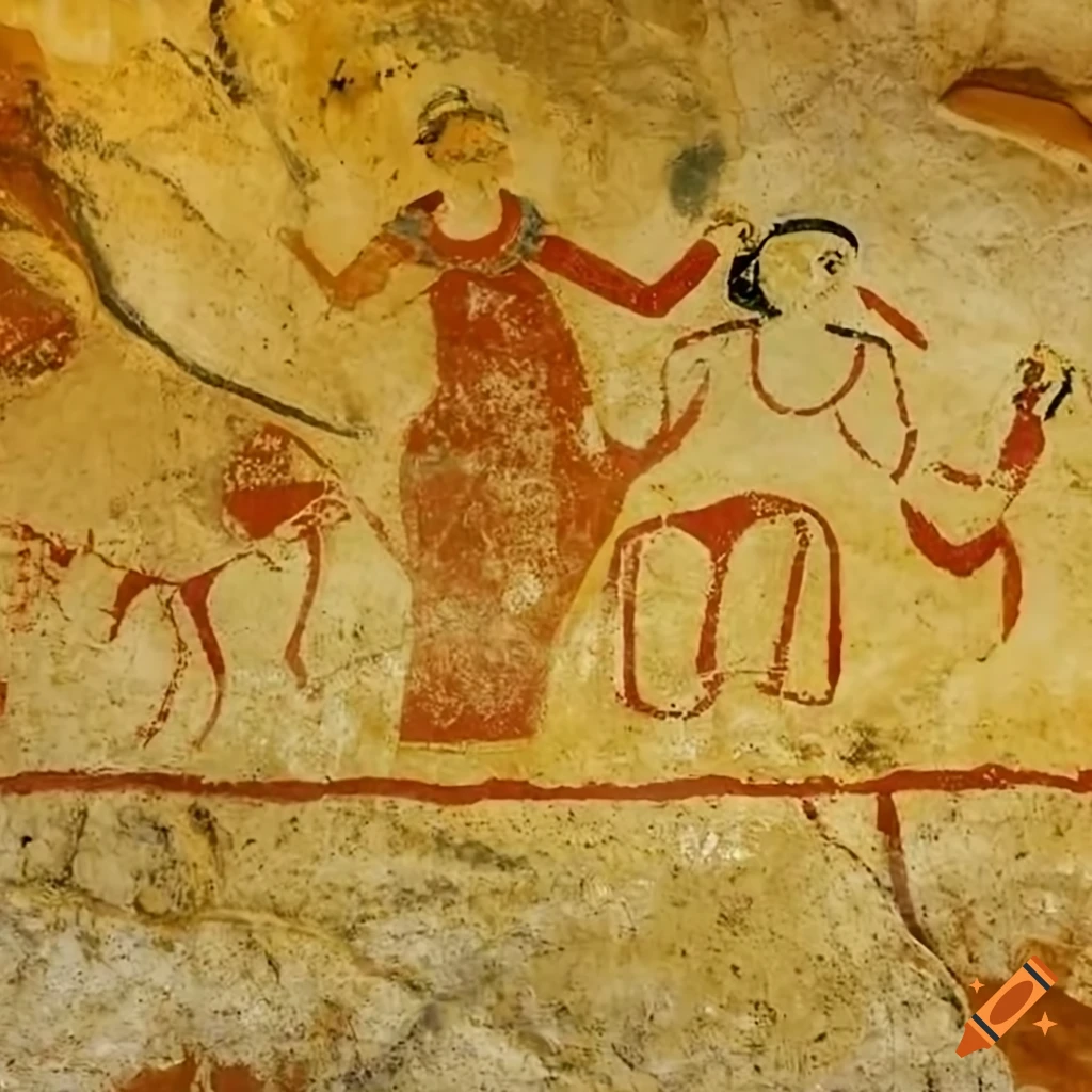 Intricate ancient cave painting of a pregnant woman in childbirth on ...