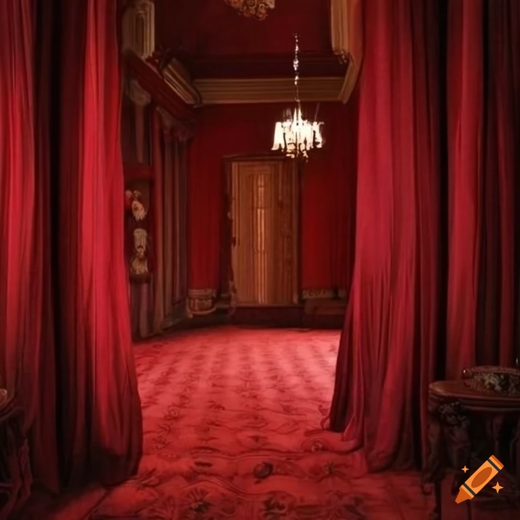 Red victorian tall room with curtains and flowers on Craiyon