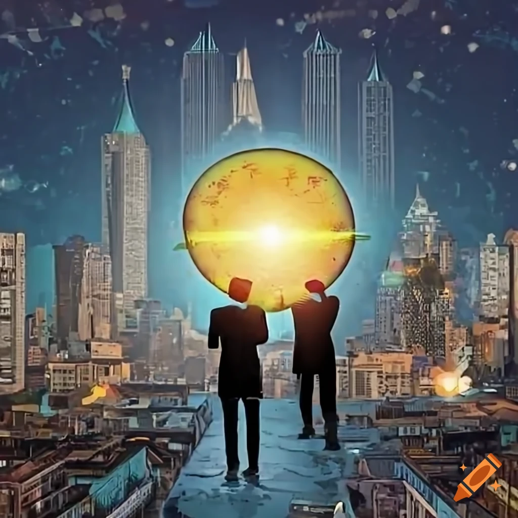 Colorful image with a solar eclipse, secret agent pointing at a UFO in ...