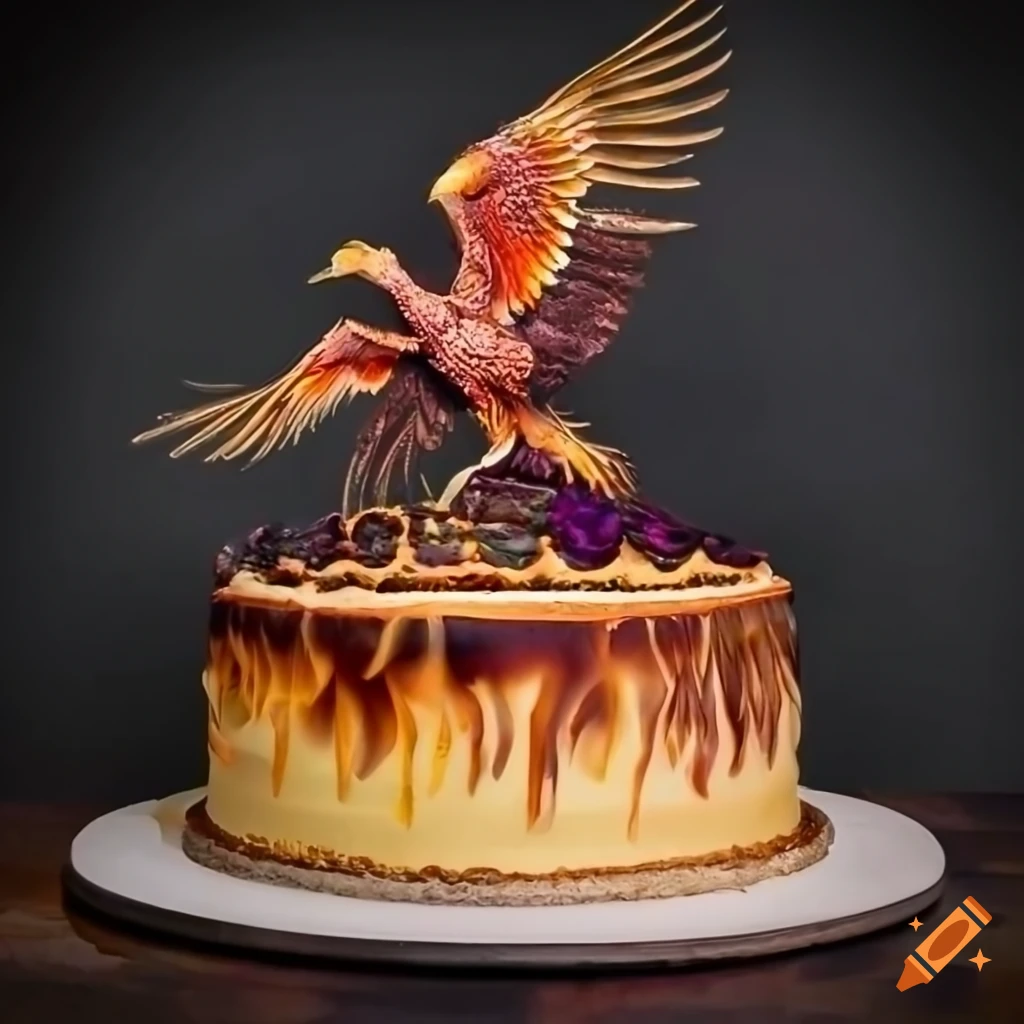 Round cake with precious stones, coal, and a majestic phoenix bird ...