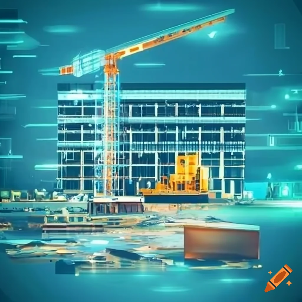 Construction site with ai and technology symbols overlay on Craiyon
