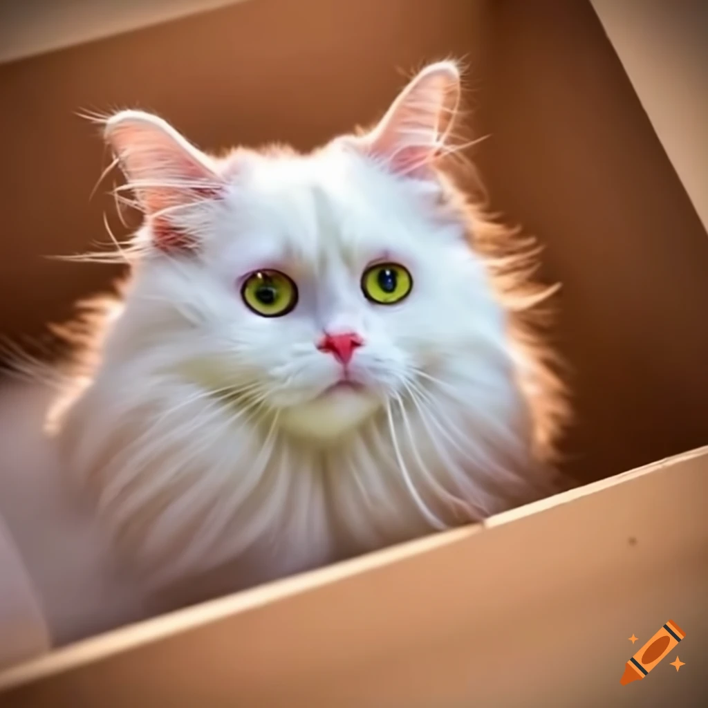 Fluffy white cat inside a box on Craiyon