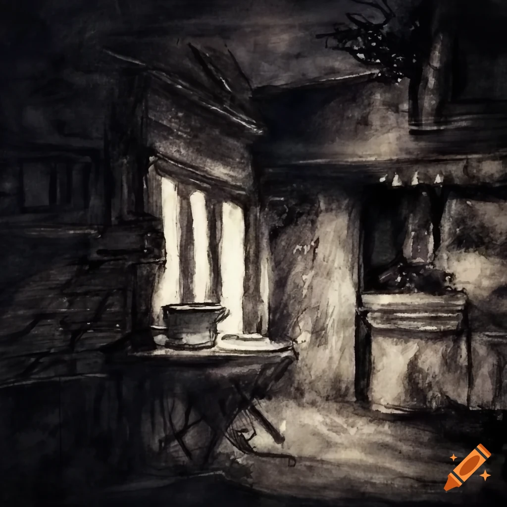 Dark kitchen in an old cottage house with candlelight in charcoal ...