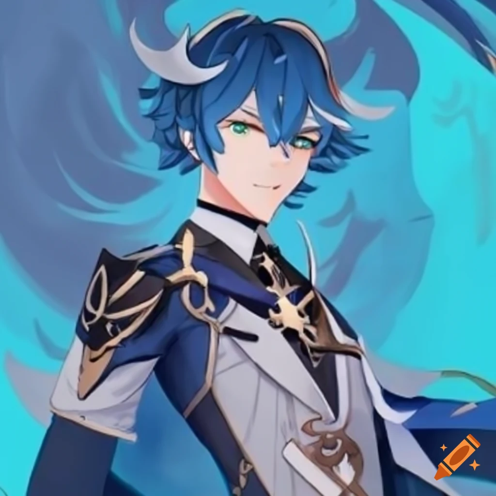 Tall male Genshin Impact character with blue hair and eyes in captain's ...