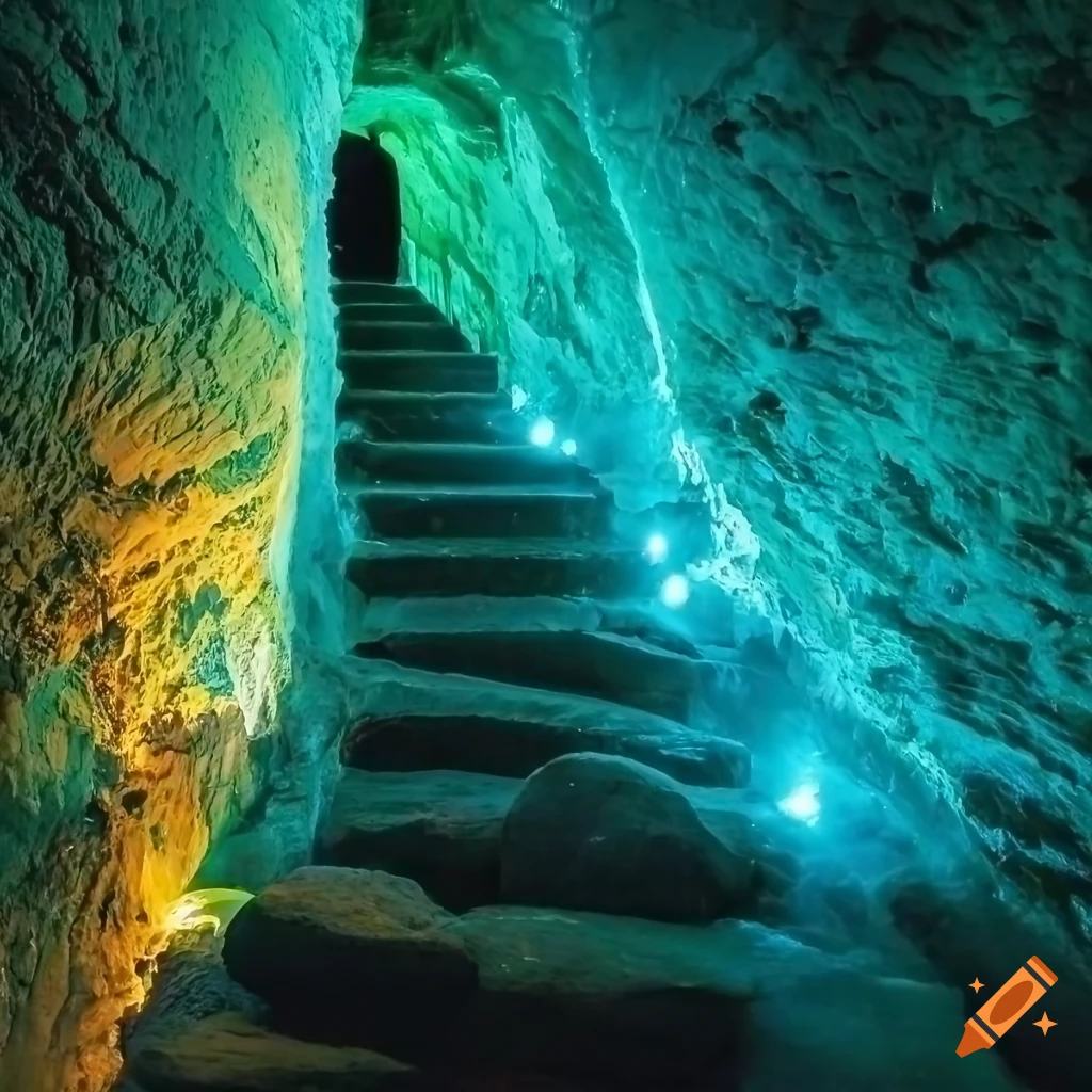 Luminous stone path in a cave with glowing liquid on Craiyon