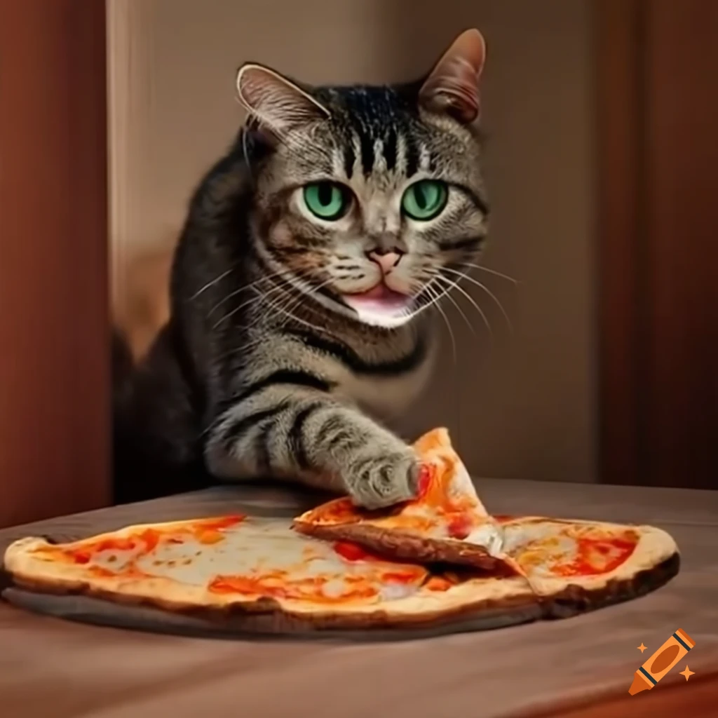 Cat enjoying pizza at home on Craiyon