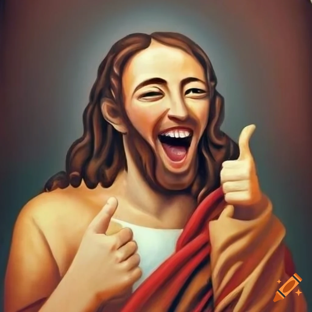 Cubism depiction of laughing jesus with thumbs up and pointing gesture ...