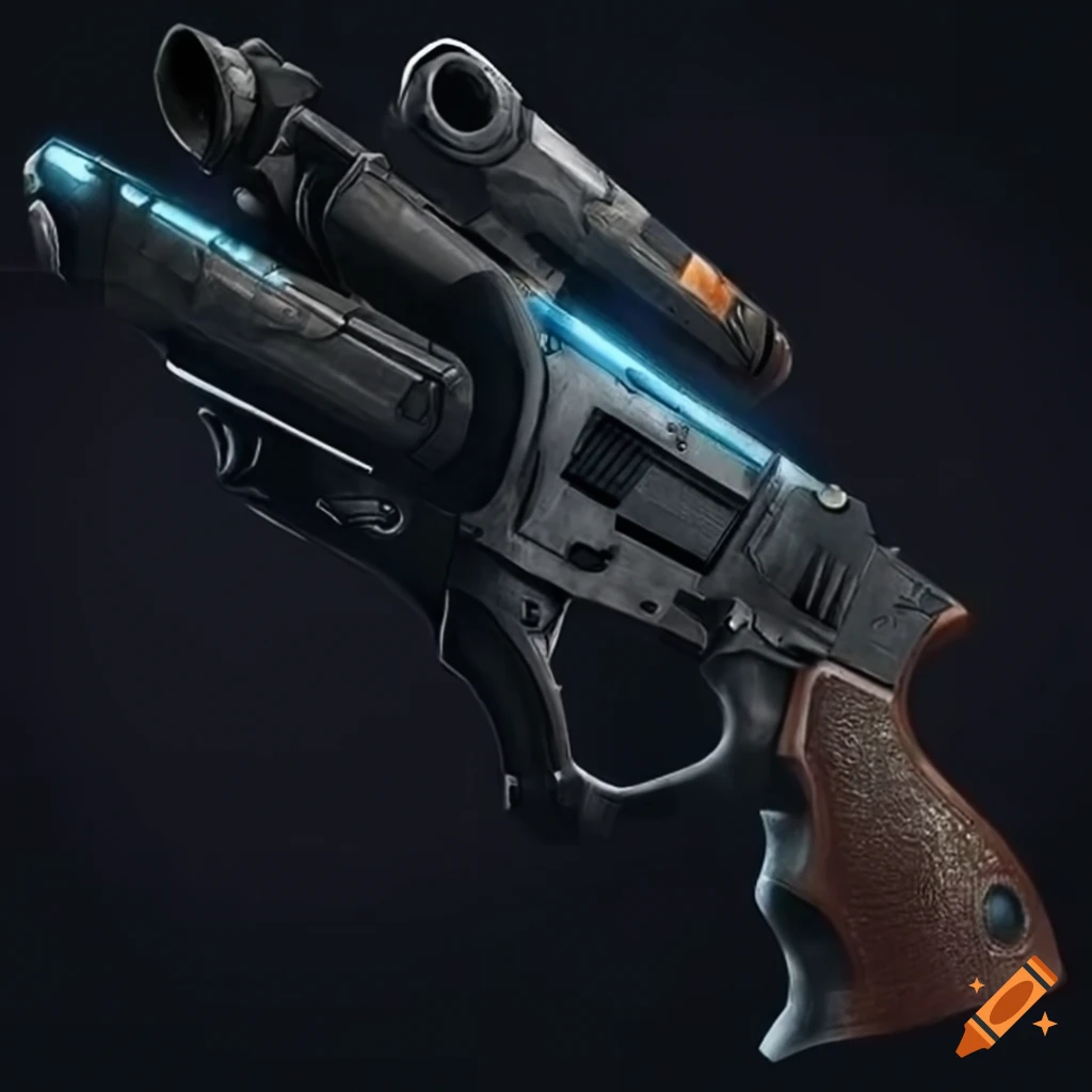 Futuristic depiction of a cybernetic pistol weapon on Craiyon