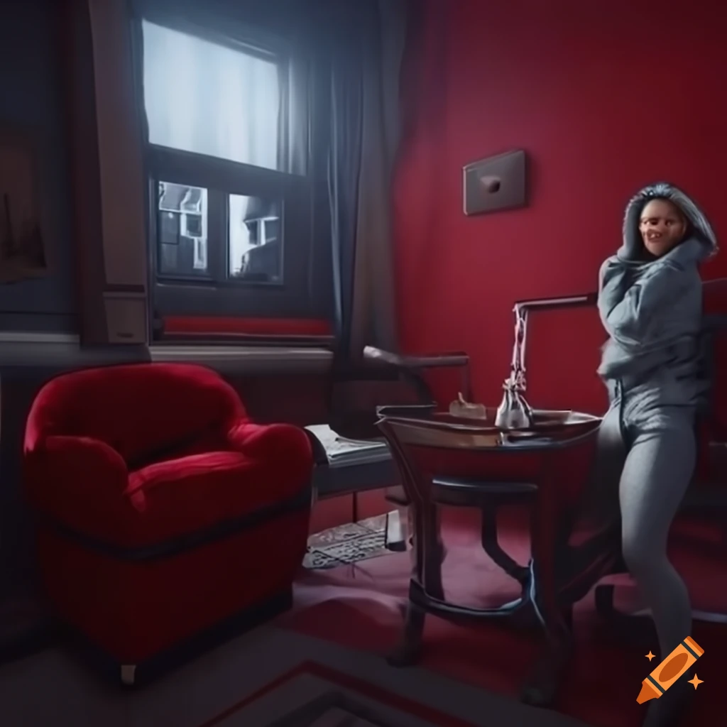 Sci-fi man and woman in a red living room with table, chair, window, and vase on Craiyon