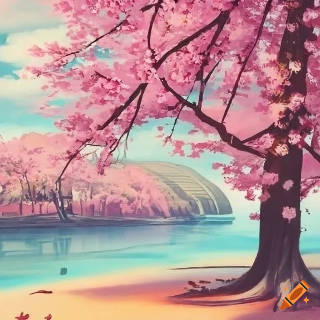 Sakura trees in vintage travel postcard on Craiyon