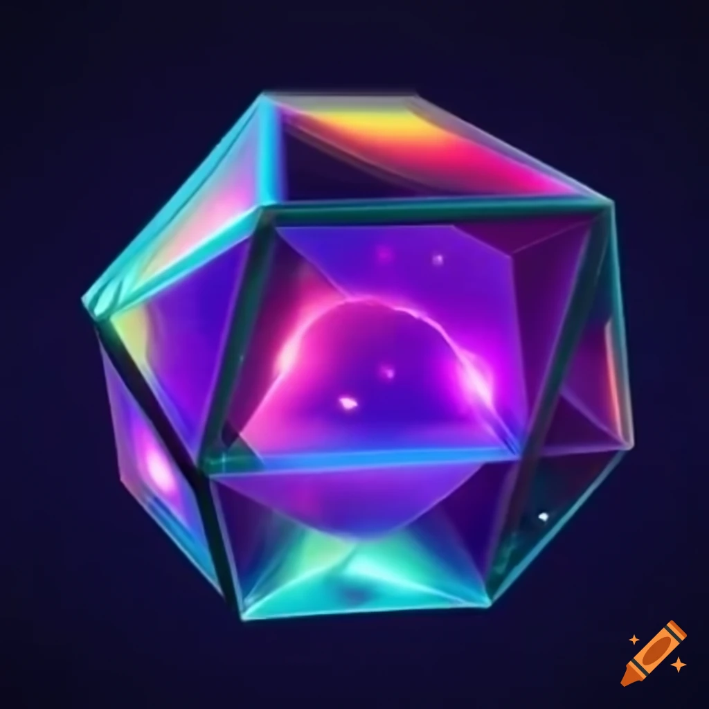 Glowing polyhedron floating in black space with iridescent reflections ...